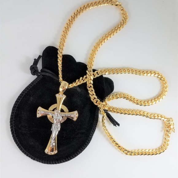 Accessories | 26 Cuban Link Crucifix 14k Gold Solid Silver | Poshmark
